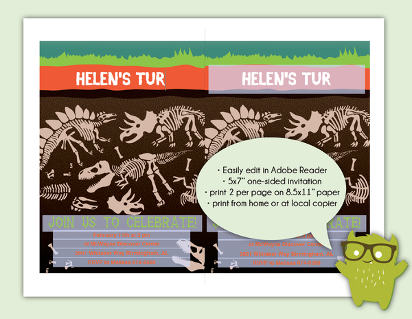 Dinosaur Fossil Printable Invitation – Kudzu Monster